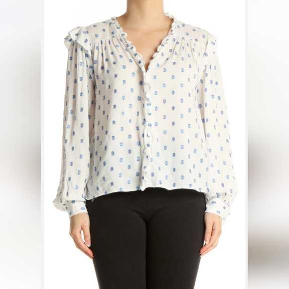 Zara | Tops | Zara Long Sleeve Metallic Blue Abstract Dots Ruffled Button Front Blouse Top ...